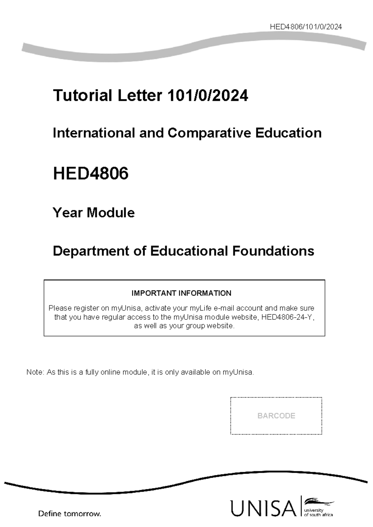 HED4806 Tutorial Letter 101 2024 - HED4806/101/0/ Tutorial Letter 101/ 0 / 2024 International ...