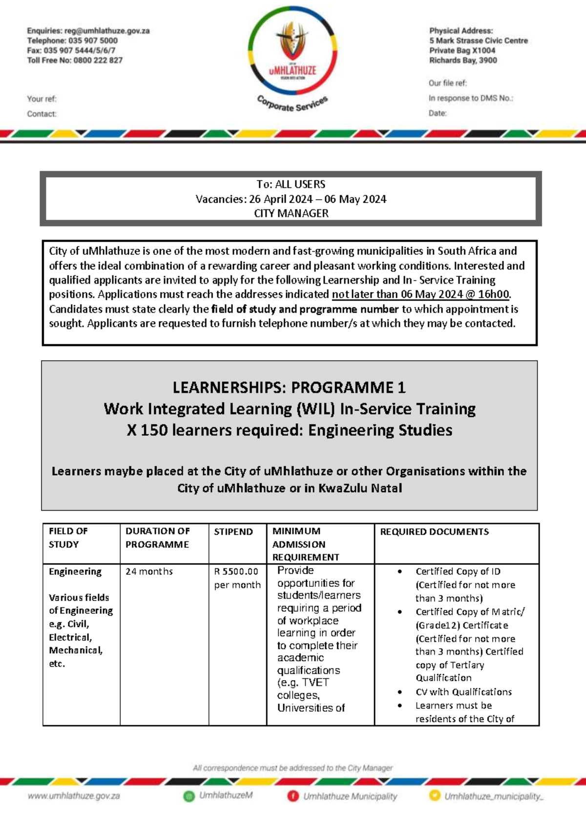 Learnership Programme 2024 - City of uMhlathuze is one of the most ...