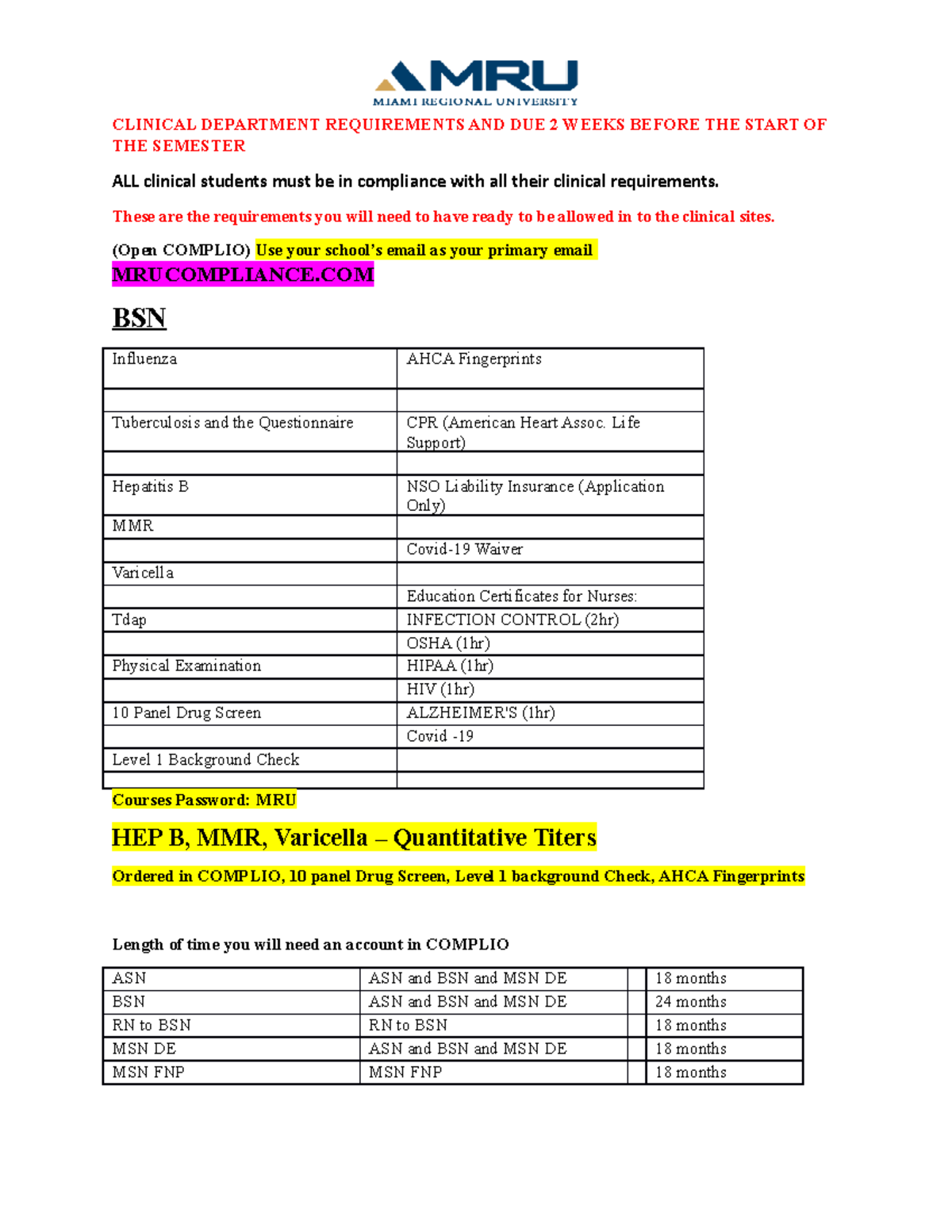 BSN Clinical Department Requirements AND DUE 2 Weeks Before THE Start ...