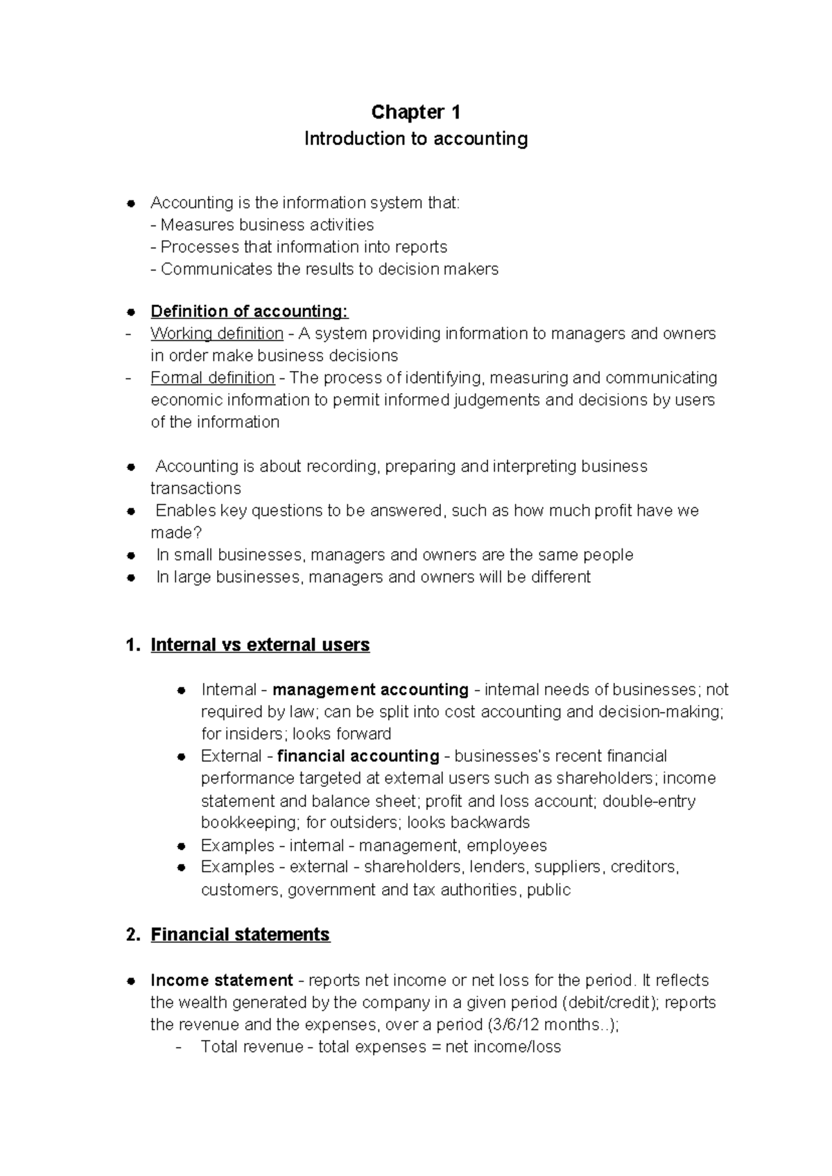 Chapter 1 - Class notes - Chapter 1 Introduction to accounting ...