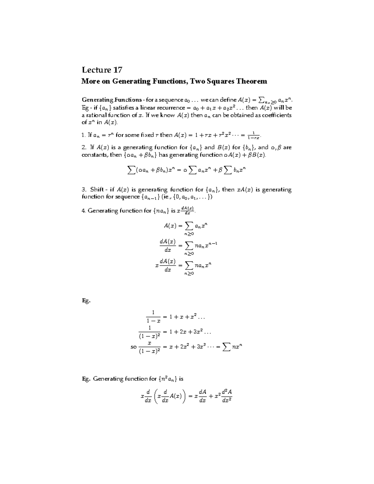 Theory Of Numbers Lecture 17 - Lecture 17 More on Generating Functions, Two Squares Theorem ...