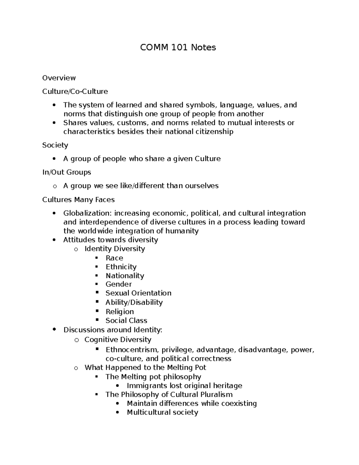 COMM Notes - COMM 101 Notes Overview Culture/Co-Culture The system of ...