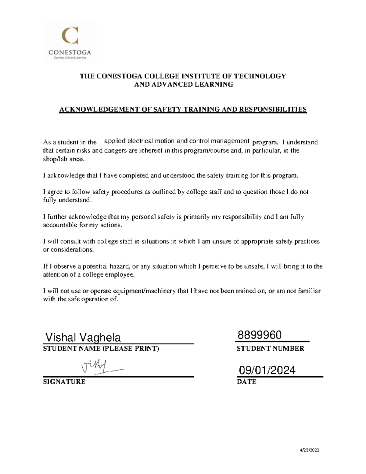 Student Acknowledgement of Safety Form 2 (3) - 4/22/ THE CONESTOGA ...