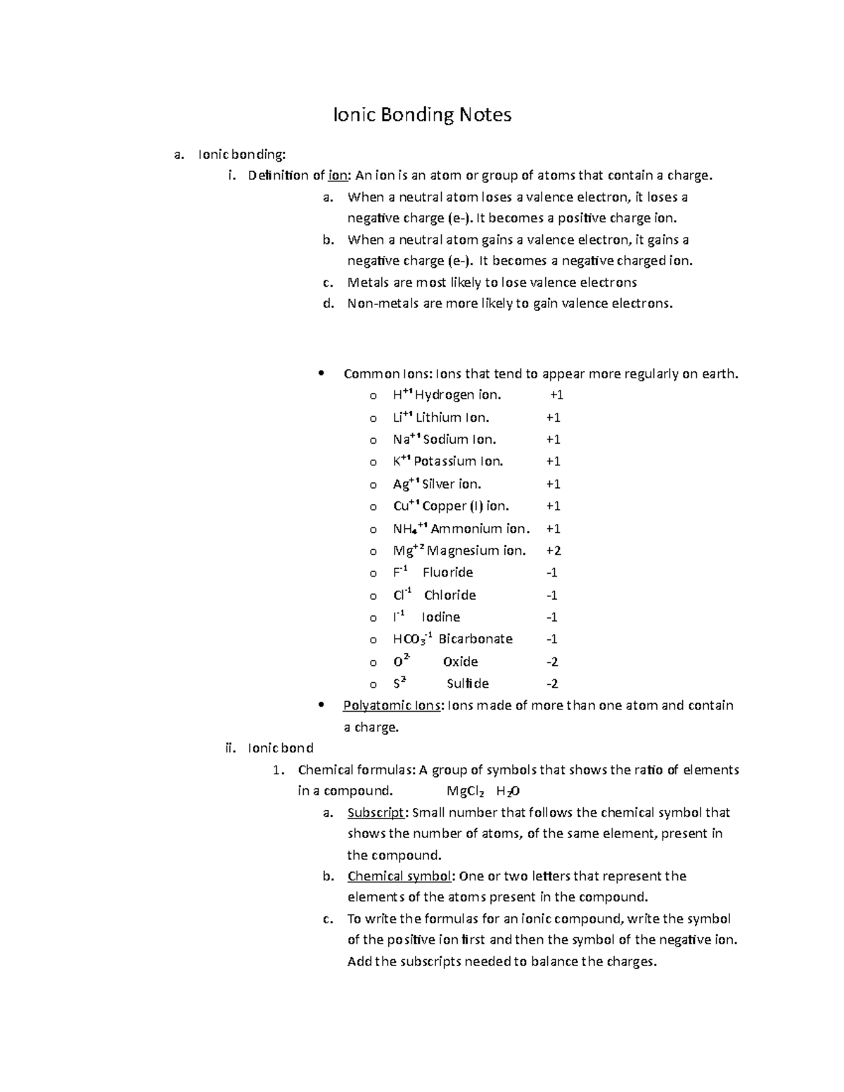 Ionic Bonding Notes - Ionic bonding: i. Definition of ion: An ion is an ...