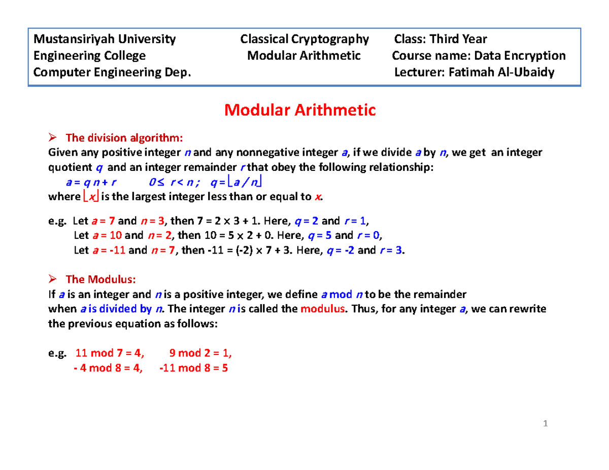 Lec3 Modular Arithmetic Mustansiriyah University Classical