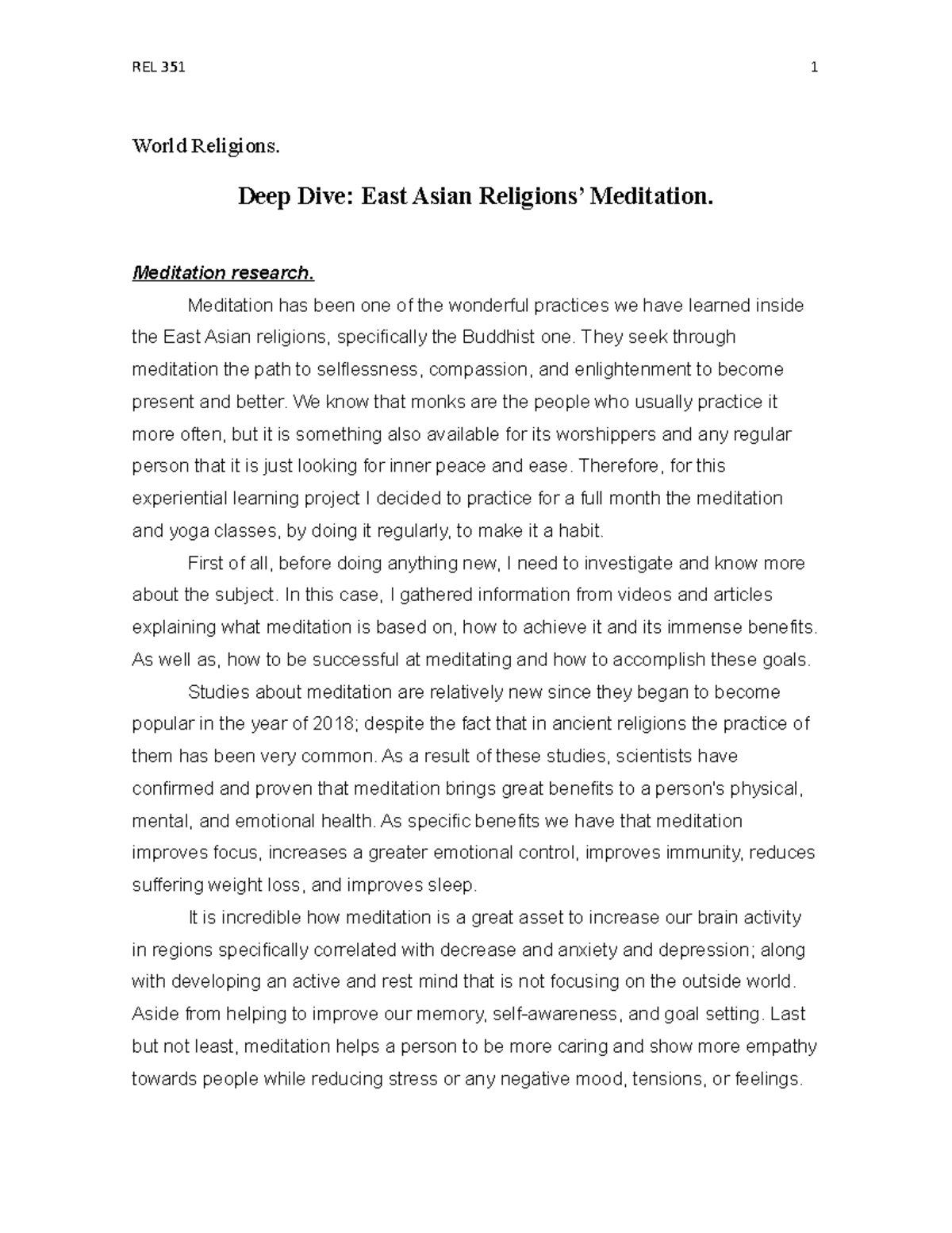 Experiential Learning Project No. 2 - REL 351 1 World Religions. Deep ...