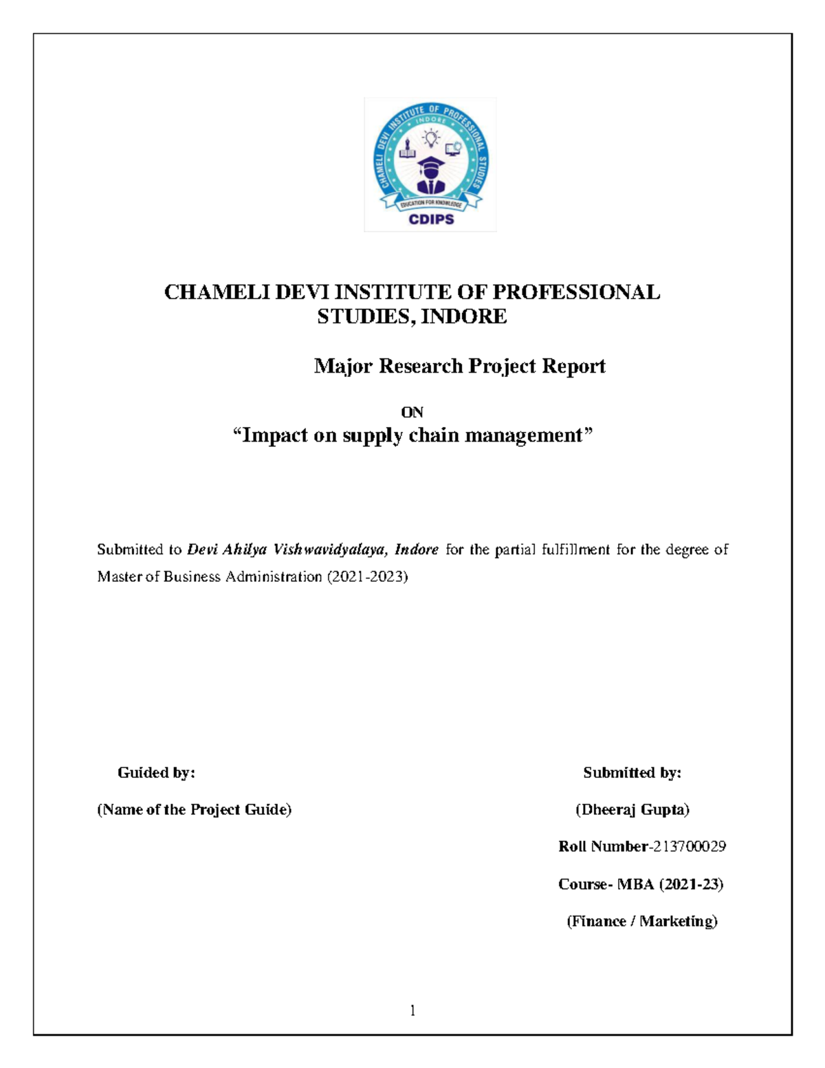 Impact on supply chain management - CHAMELI DEVI INSTITUTE OF PROFESSIONAL STUDIES, INDORE Major ...