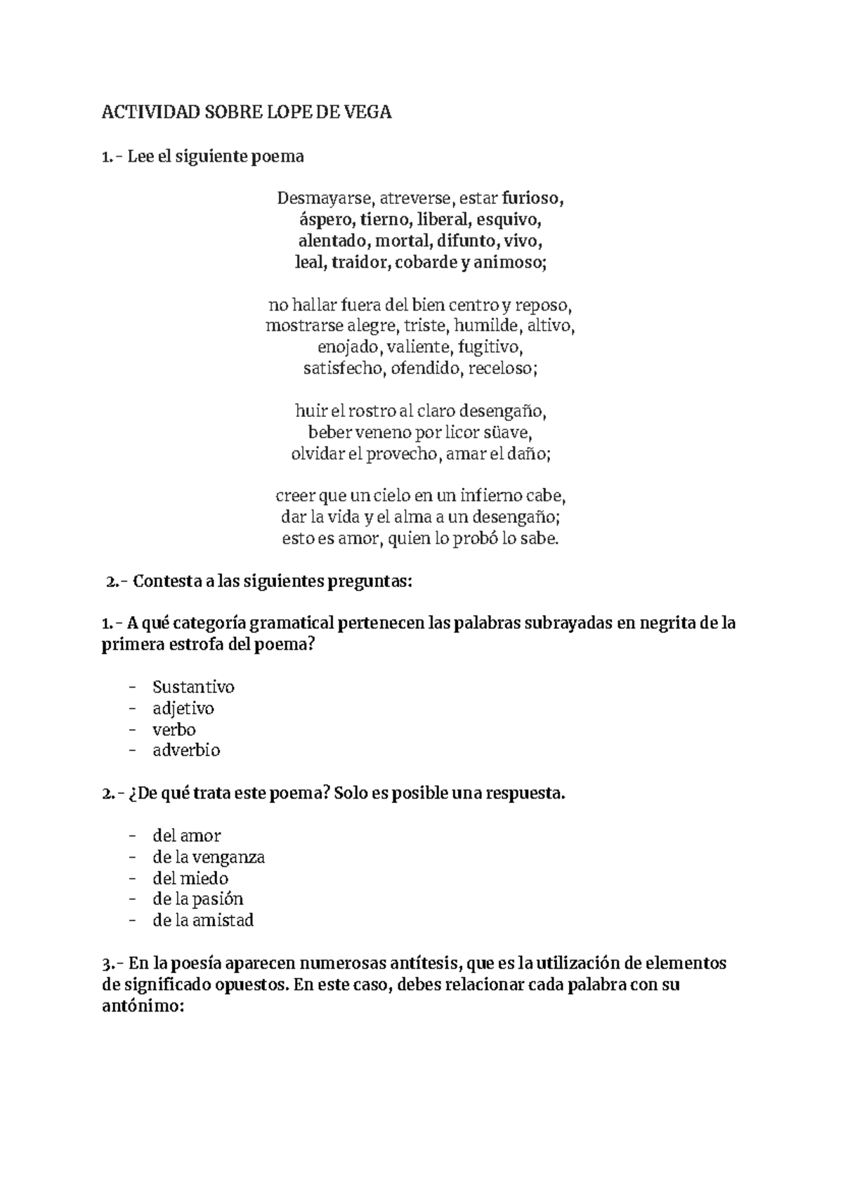 Actividad s OBRE LOPE DE VEGA - ACTIVIDAD SOBRE LOPE DE VEGA 1.- Lee el ...