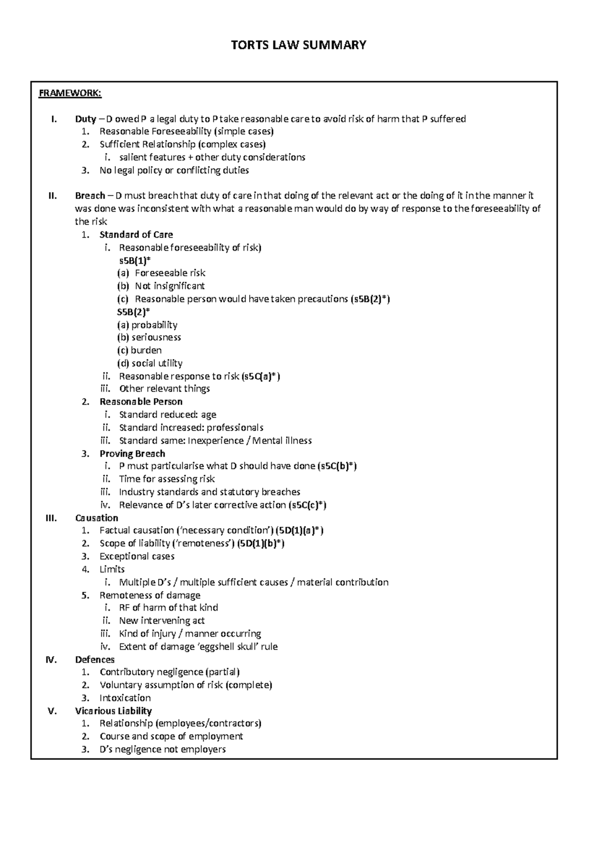 Exam outline sample - outlihe - TORTS LAW SUMMARY FRAMEWORK: I. Duty ...
