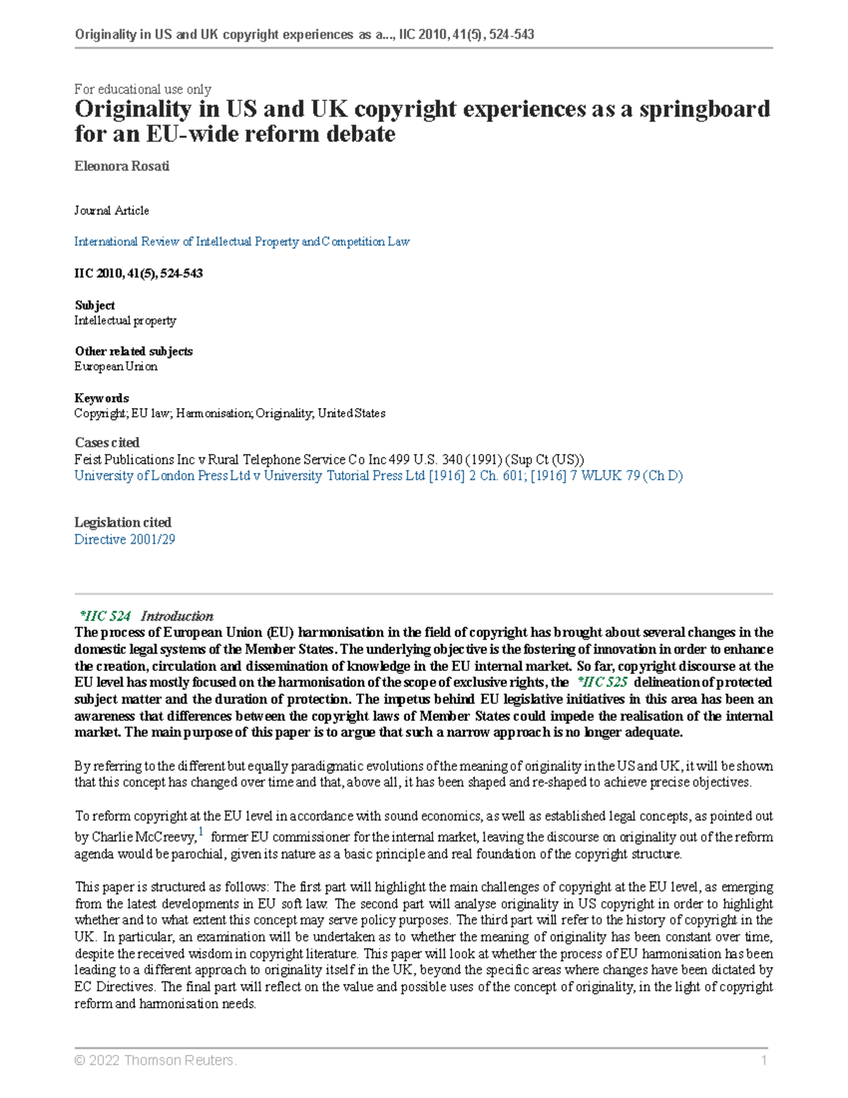 Originality in US and UK copyright experiences as a springboard for an ...