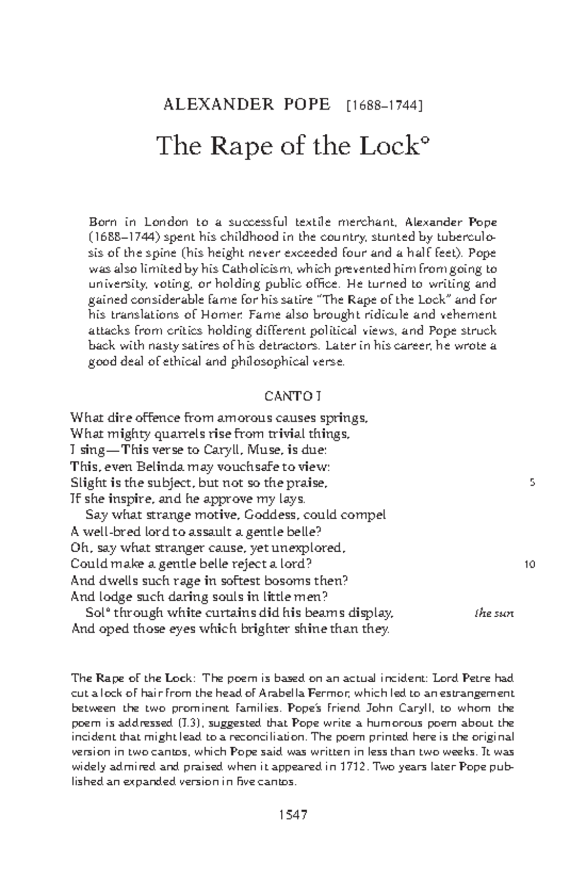 Pope the rape of the lock - ALEXANDER POPE [1688–1744] The Rape of the ...