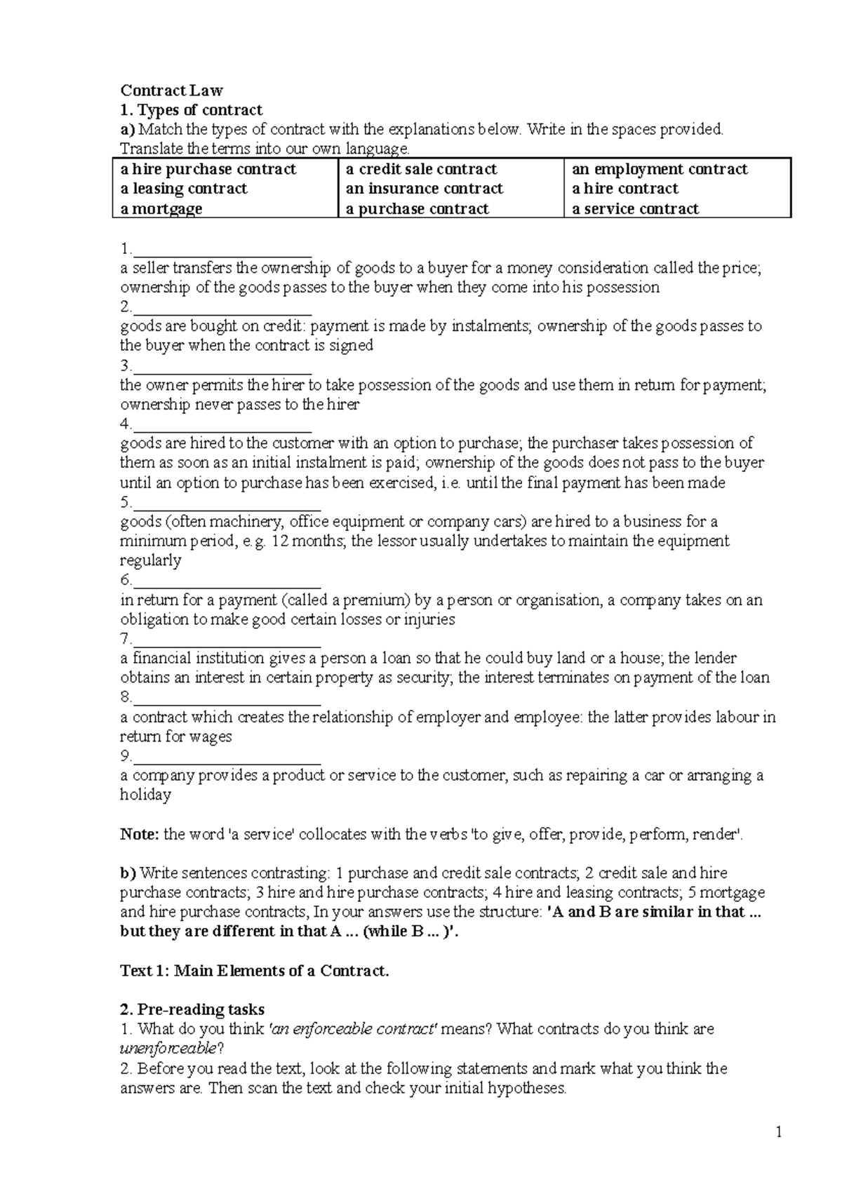 Contract Law Quiz - **Contract Law Types of contract a)** Match the ...
