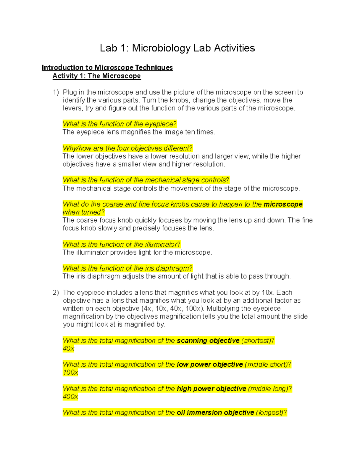 Micro Lab 1, Microscopes - Lab 1: Microbiology Lab Activities ...