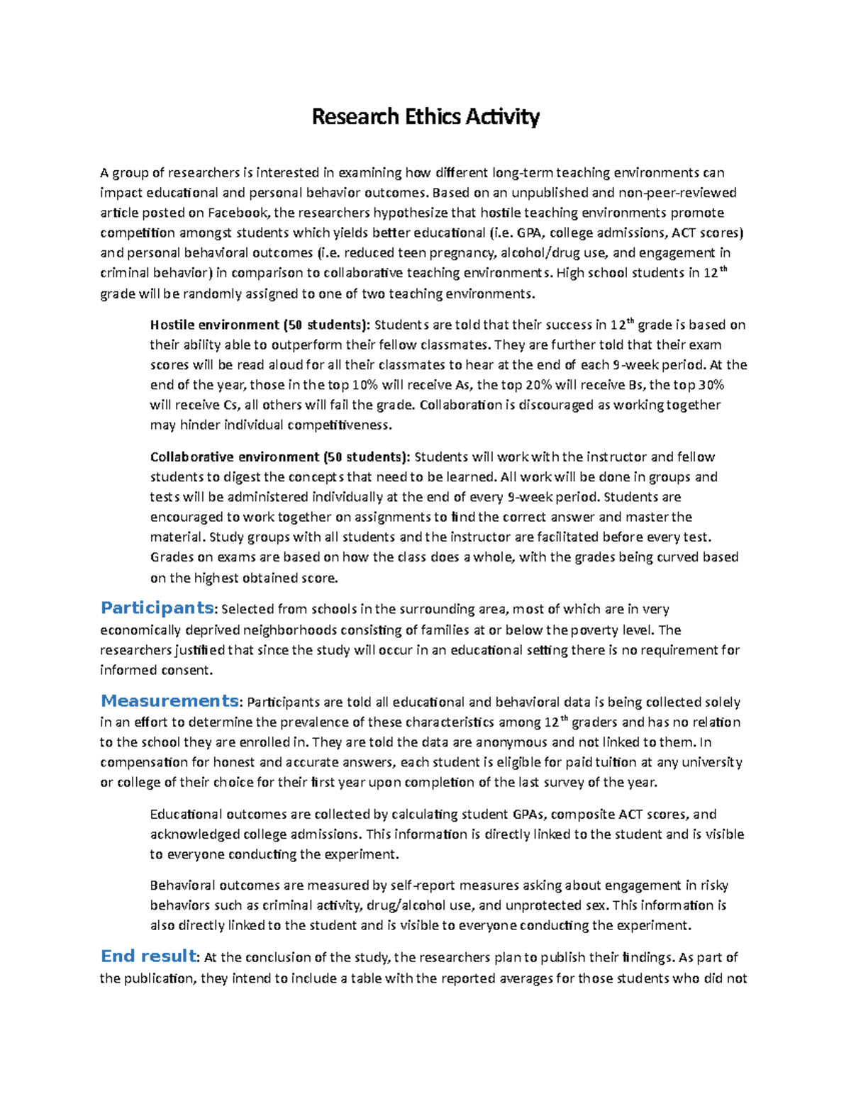Research Ethics worksheet - Research Ethics Activity A group of ...