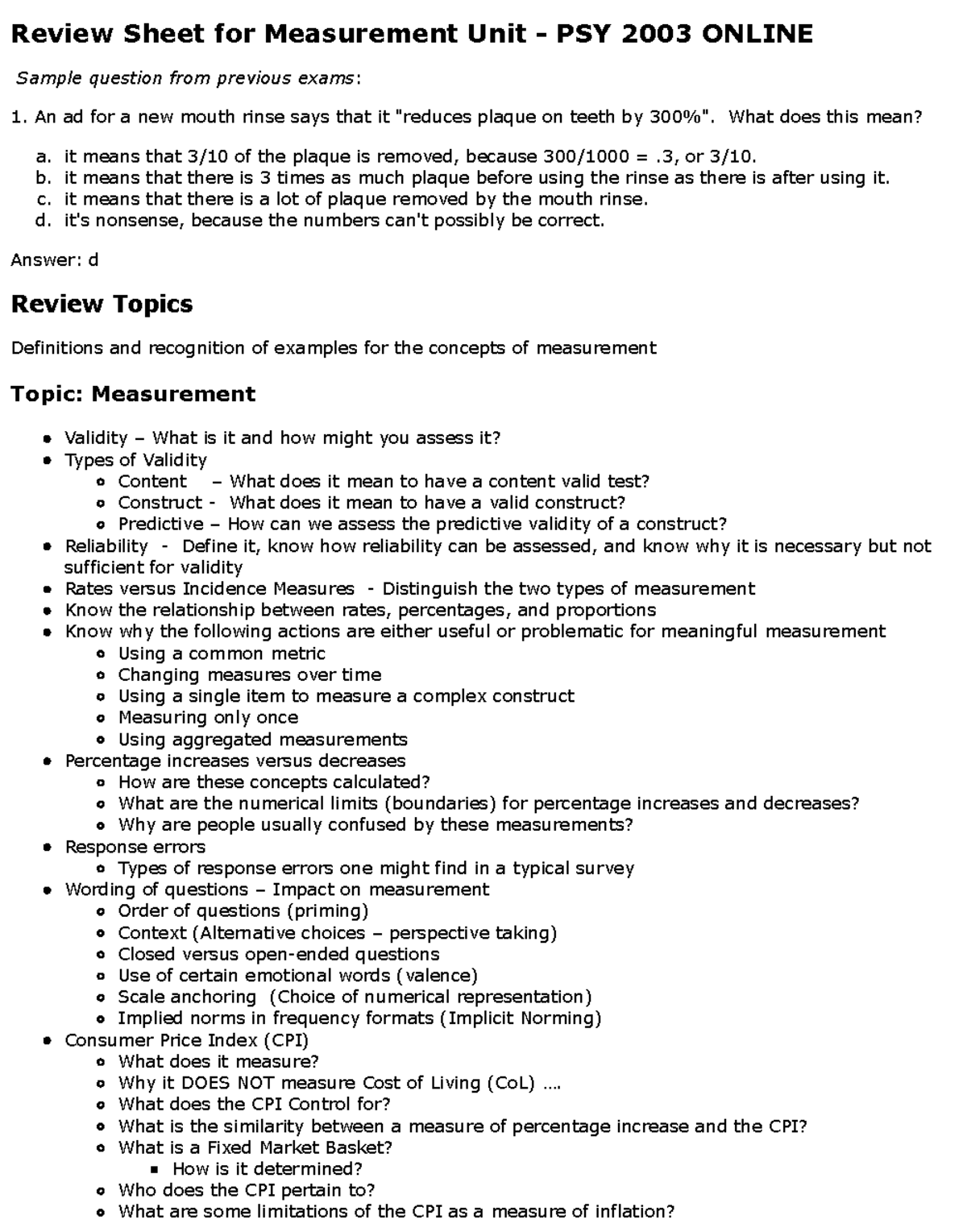 Measurement review sheet - Review Sheet for Measurement Unit PSY 2003 ...