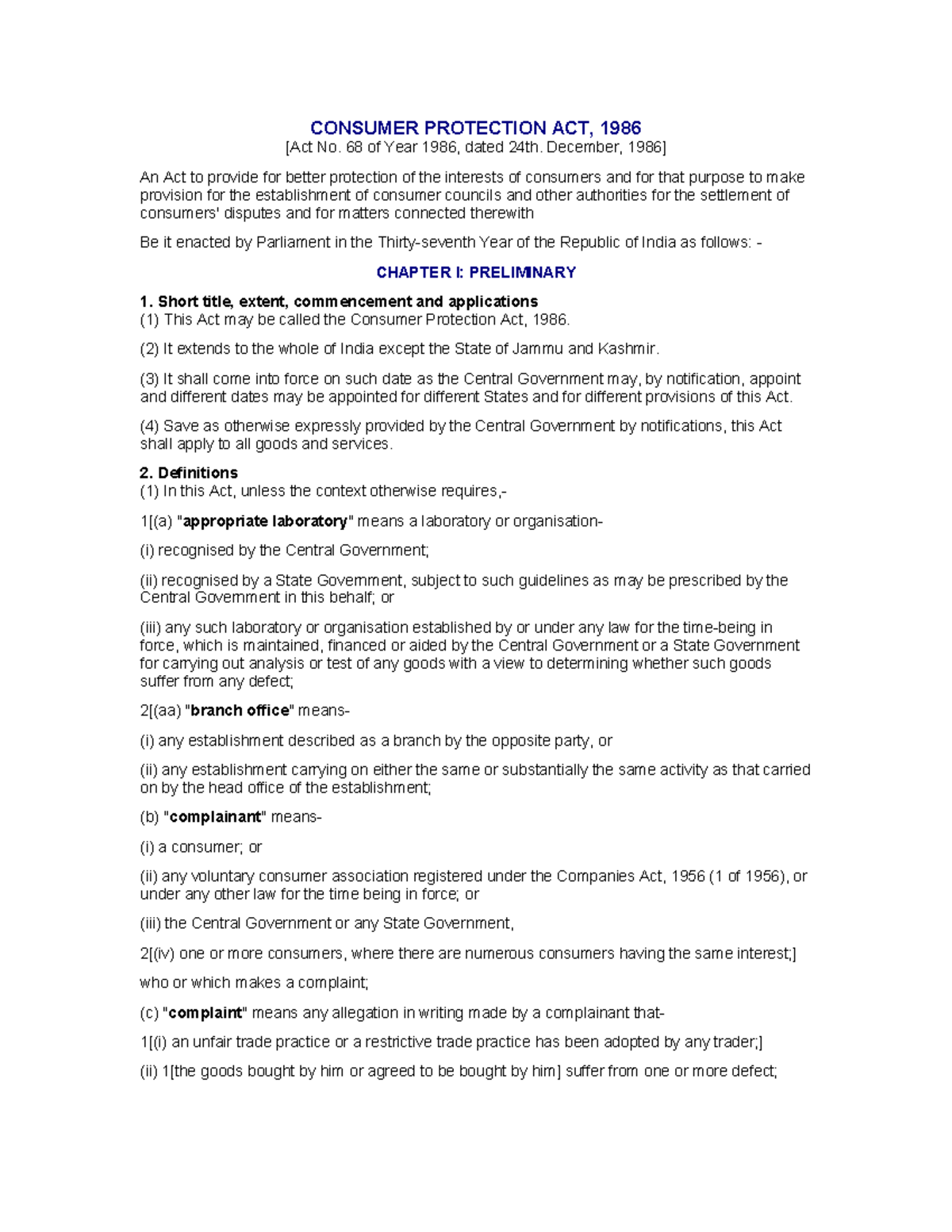 Consumer Protection act 1986 - CONSUMER PROTECTION ACT, 1986 [Act No ...
