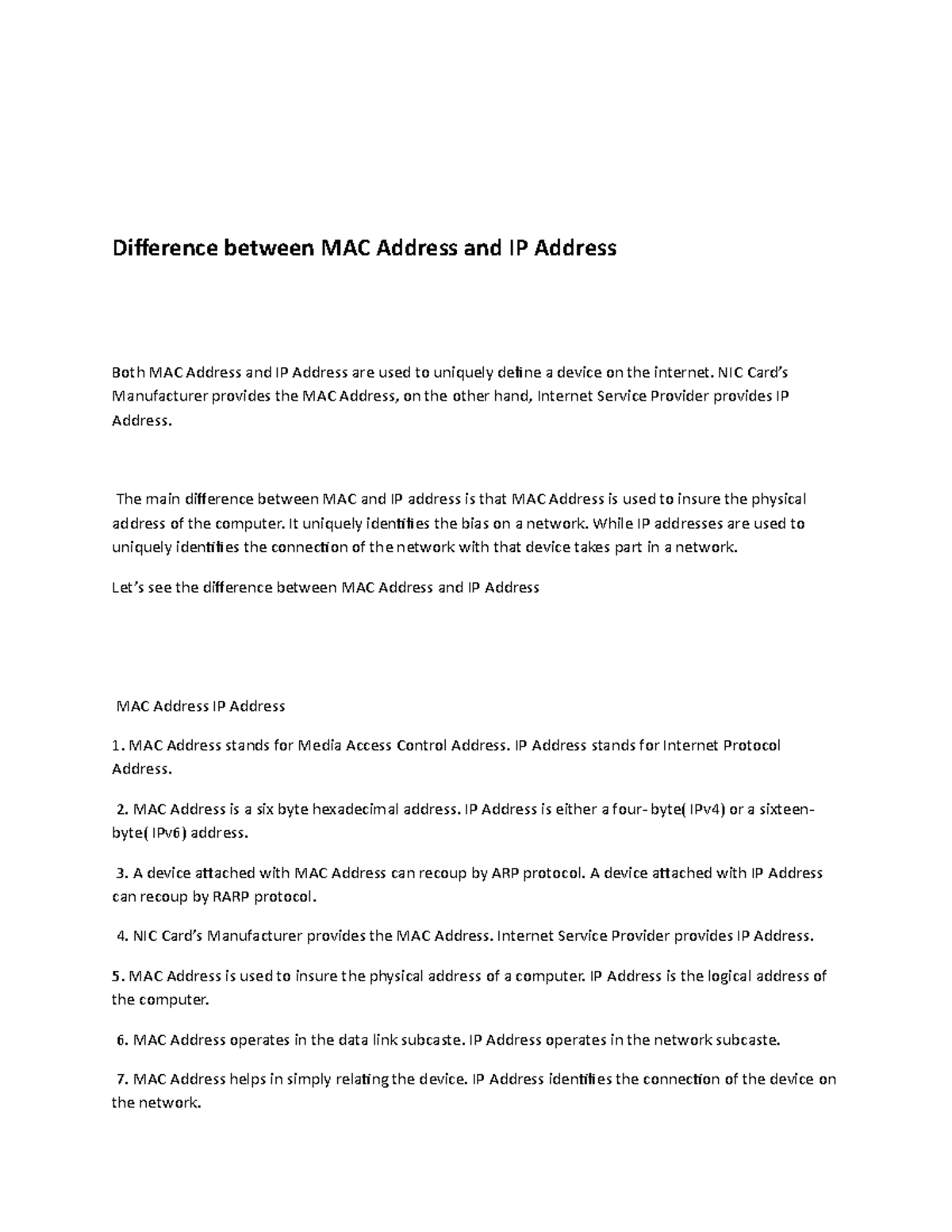 Difference between MAC Address and IP Address - NIC Card’s Manufacturer ...