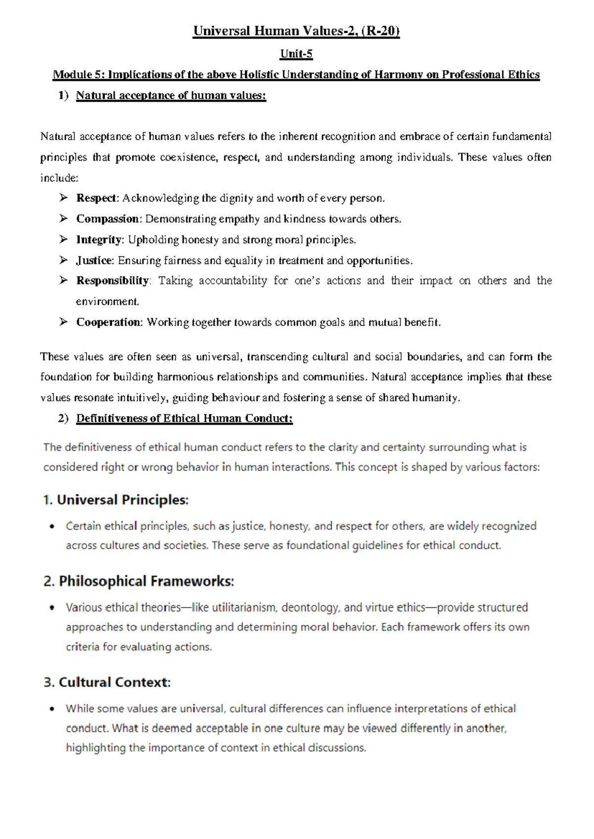 UHV 2 notes unit 5 2024 25 R 20 - Universal Human Values- 2 , (R-20 ...
