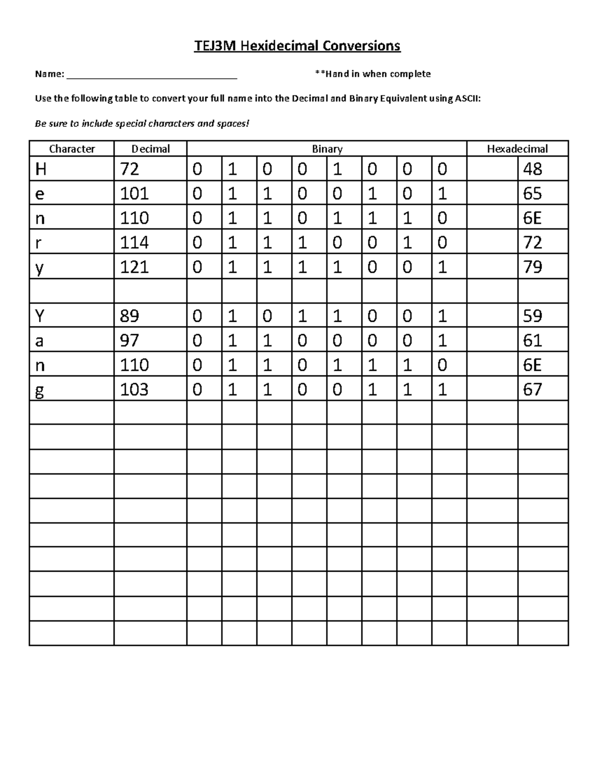 Henry Yang- TEJ3MX- Unit 2 - Hex Worksheet (Combined) - TEJ3M Hexidecimal Conversions Name ...