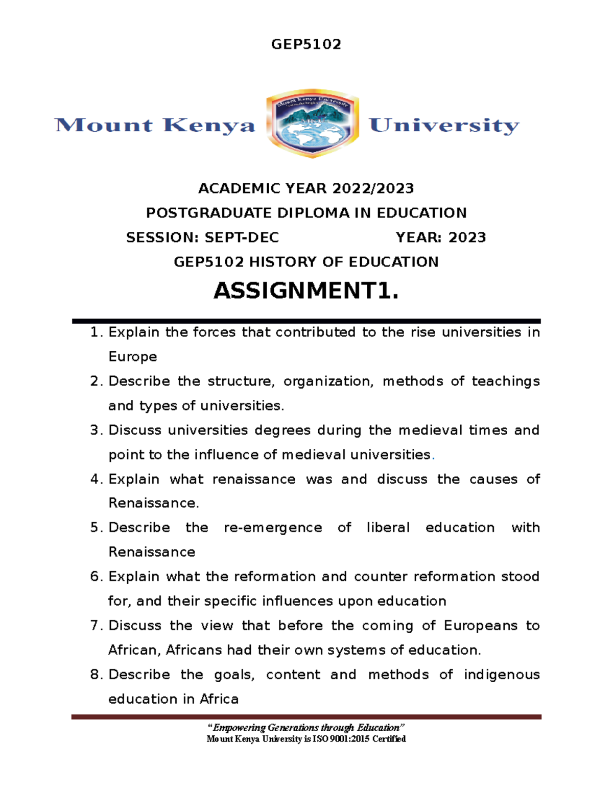 Assignment GEP5102 - GEP UNIVERSITY EXAMINATIONS ACADEMIC YEAR 2022 ...