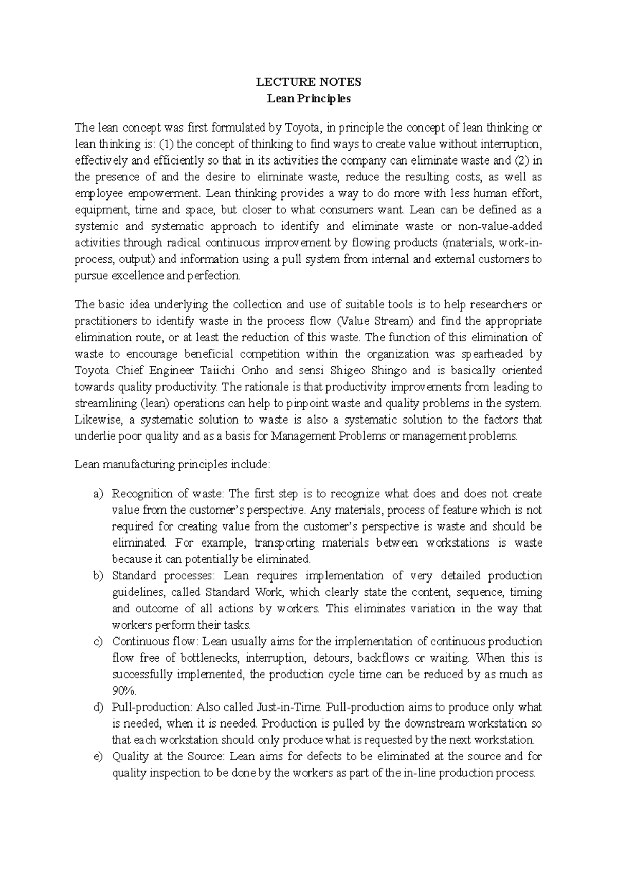 Production Management Lean Principles - LECTURE NOTES Lean Principles ...