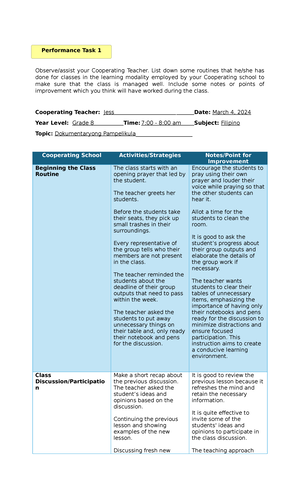 Learning TASK 6 - List down the relevant school programs celebrated by your Cooperating School ...