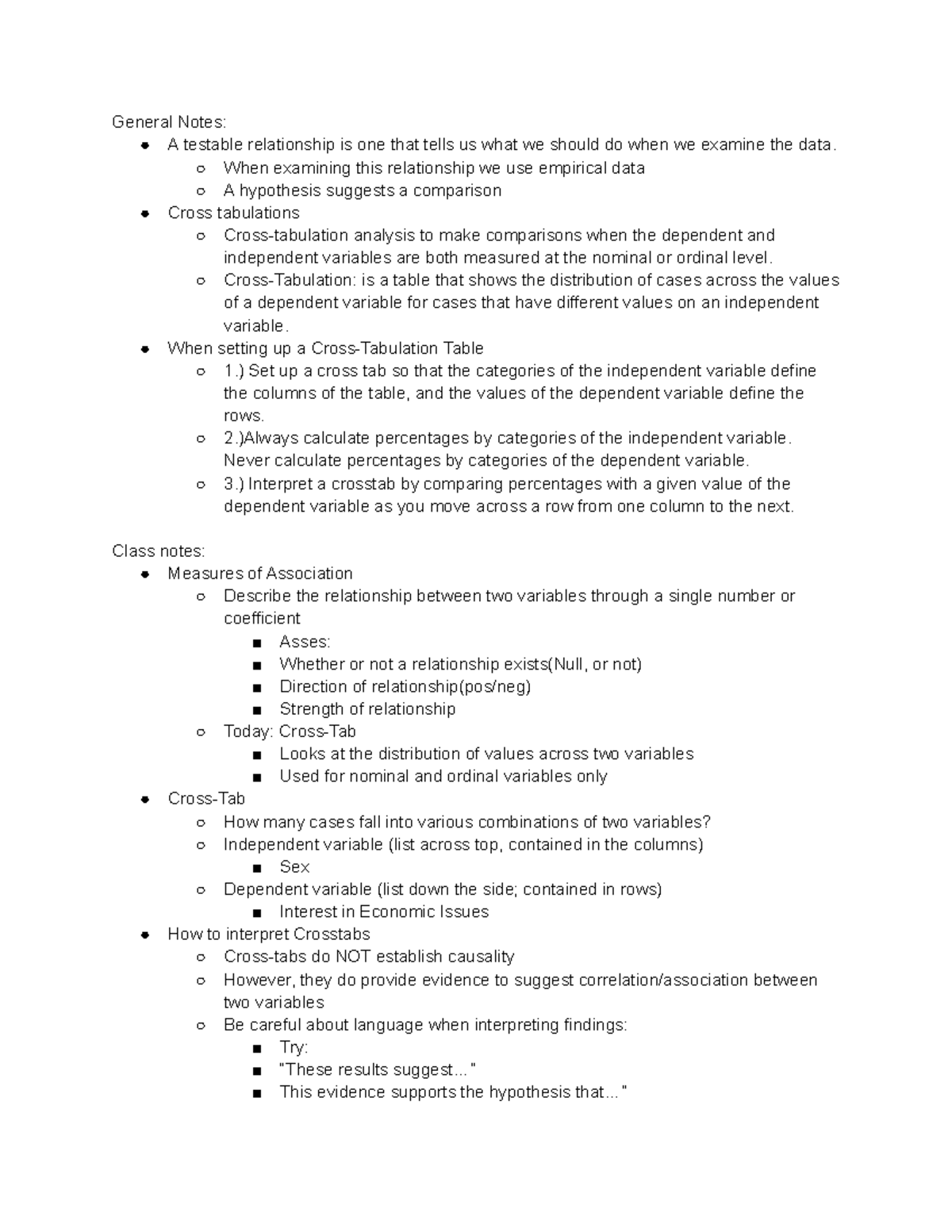 Week 4 Bivariate Cross-Tabulation - General Notes: A testable ...