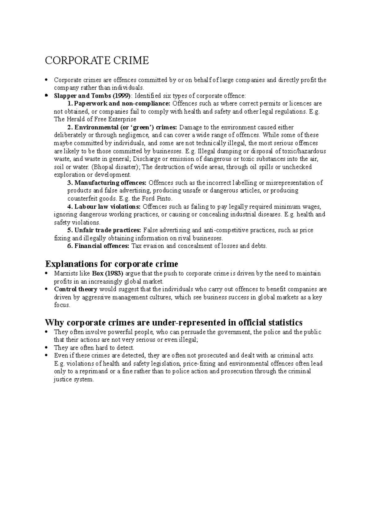 Corporate Crime - Slapper and Tombs (1999) : Identified six types of ...