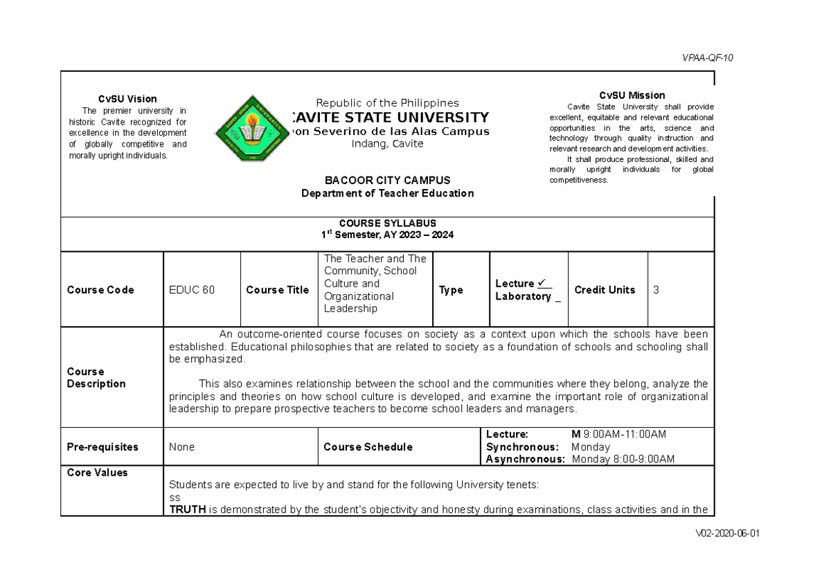 EDUC-60 BSE-1-1E- Syllabus - Republic of the Philippines CAVITE STATE ...