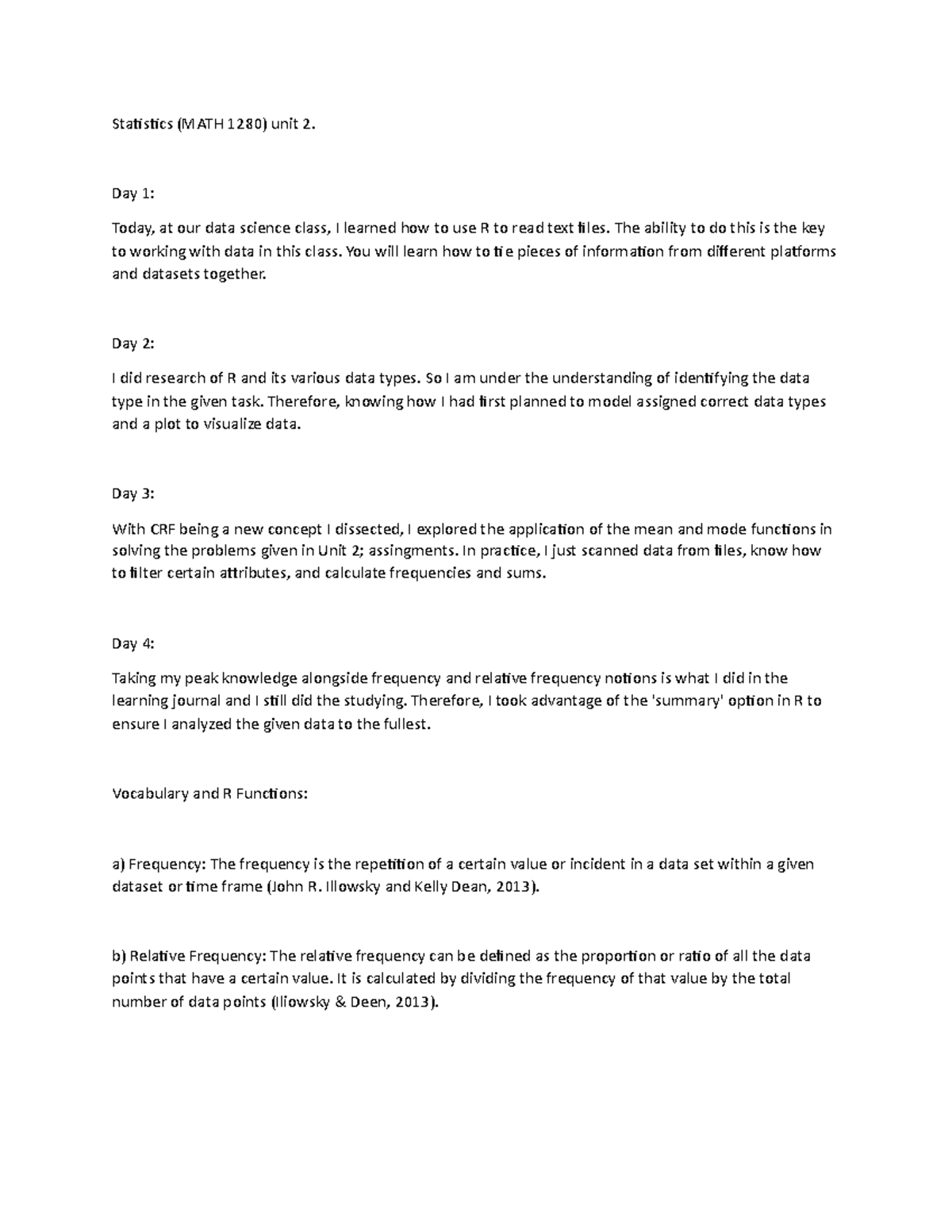 Math 1280 Learning Journal Unit 3 Statistics Math 1280 Unit 2 Day 1 Today At Our Data