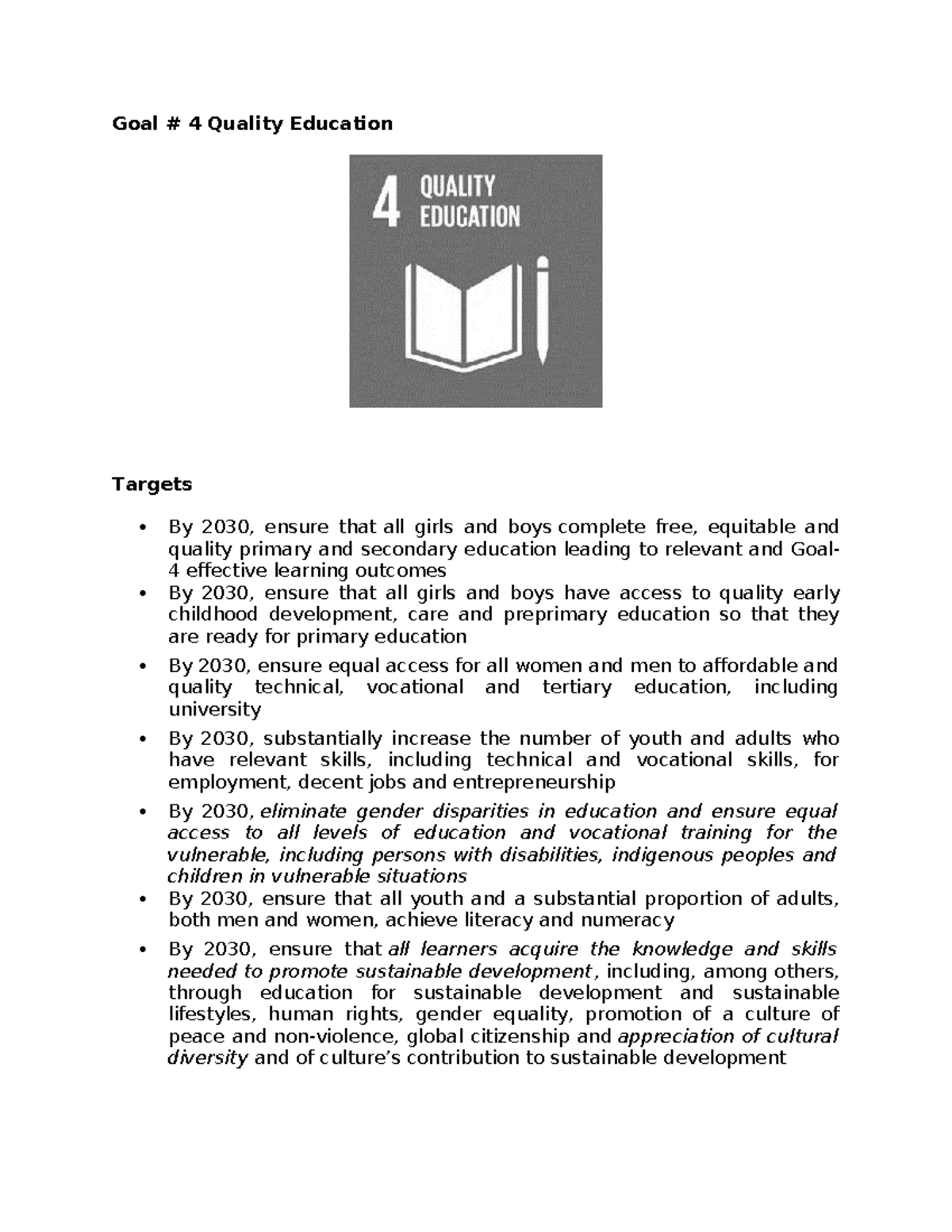Lesson 2A-Education Genderand Water Resources Goals SDG 456 - Goal # 4 Quality Education Targets ...