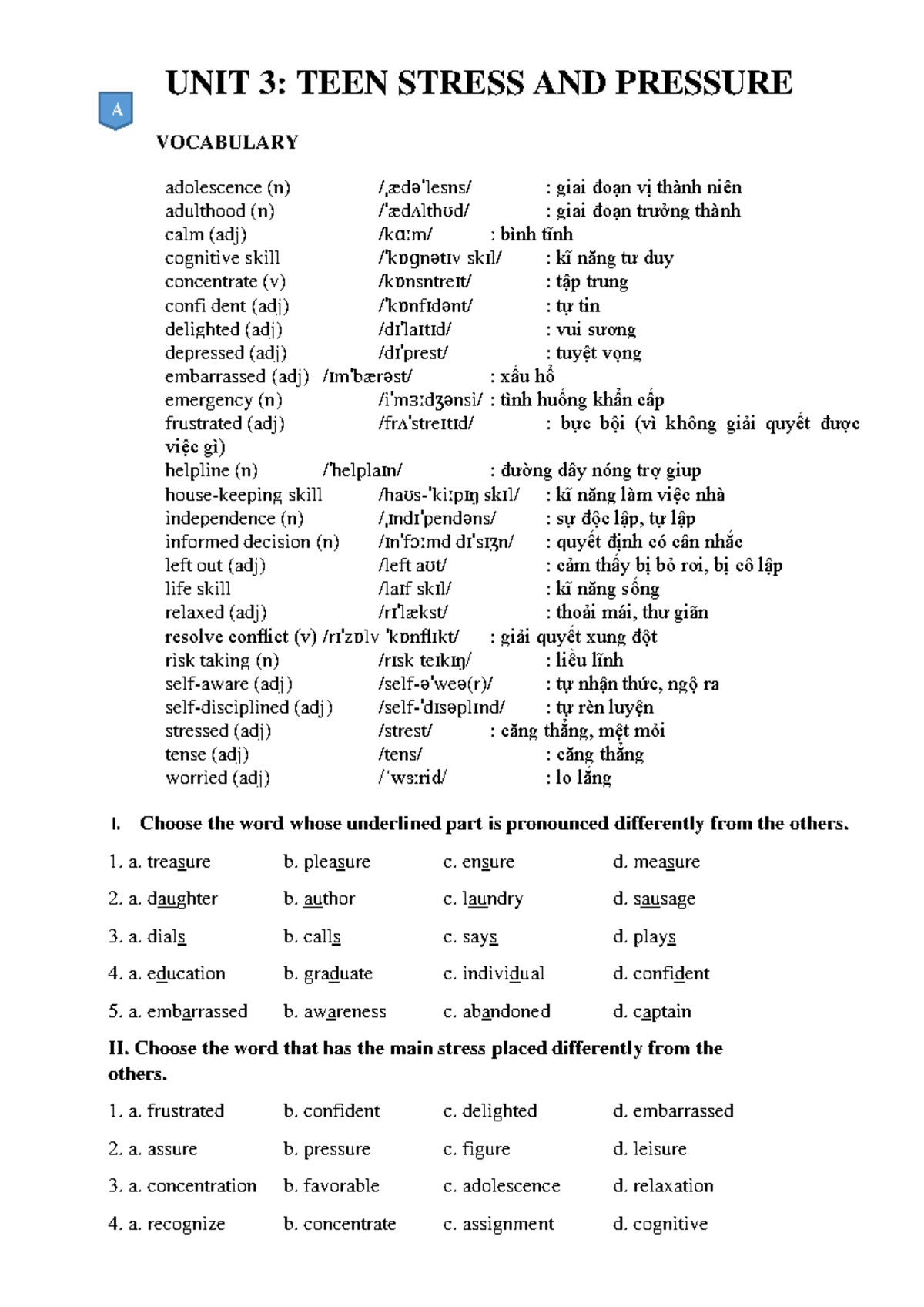 unit 3 Tiếng anh 9 - A UNIT 3: TEEN STRESS AND PRESSURE VOCABULARY ...