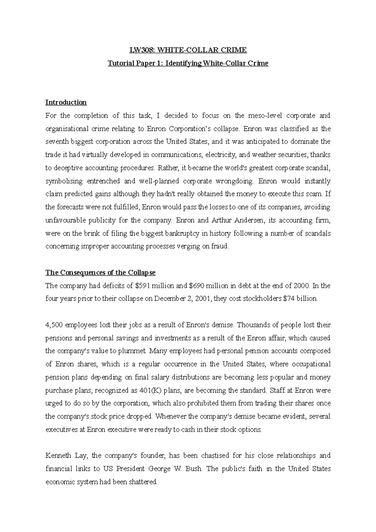 LW308 Task 1 - task 1 - LW308: WHITE-COLLAR CRIME Tutorial Paper 1 ...