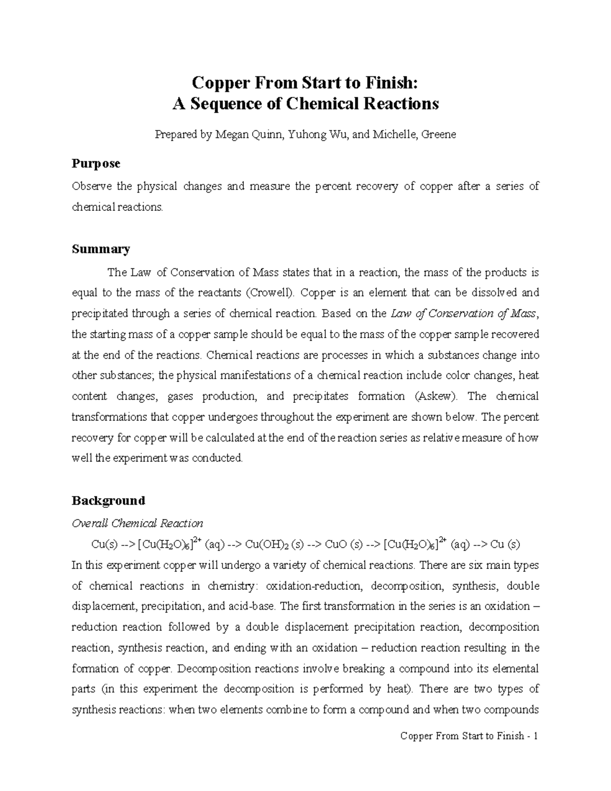 Copper Lab notes - Copper From Start to Finish: A Sequence of Chemical ...