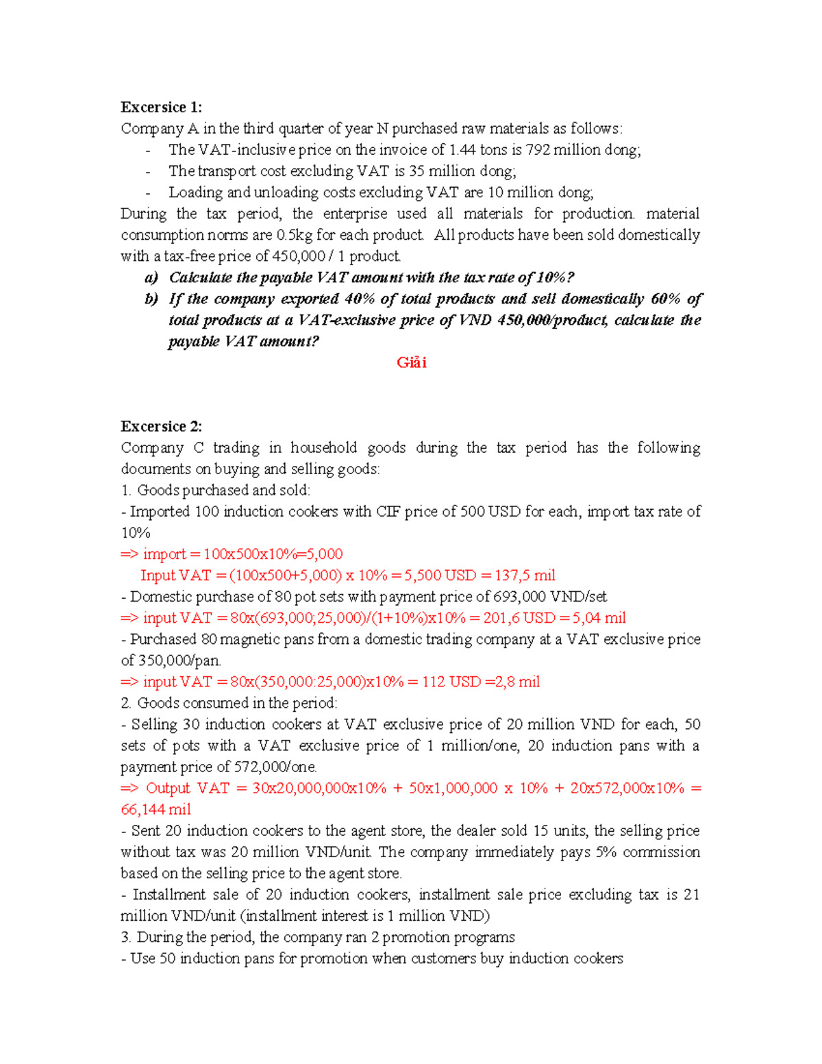 Excersice VAT - Excersice 1: Company A in the third quarter of year N ...