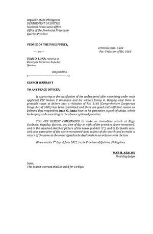 Criminal Complaint - sample - Republic of the Philippines DEPARTMENT OF ...