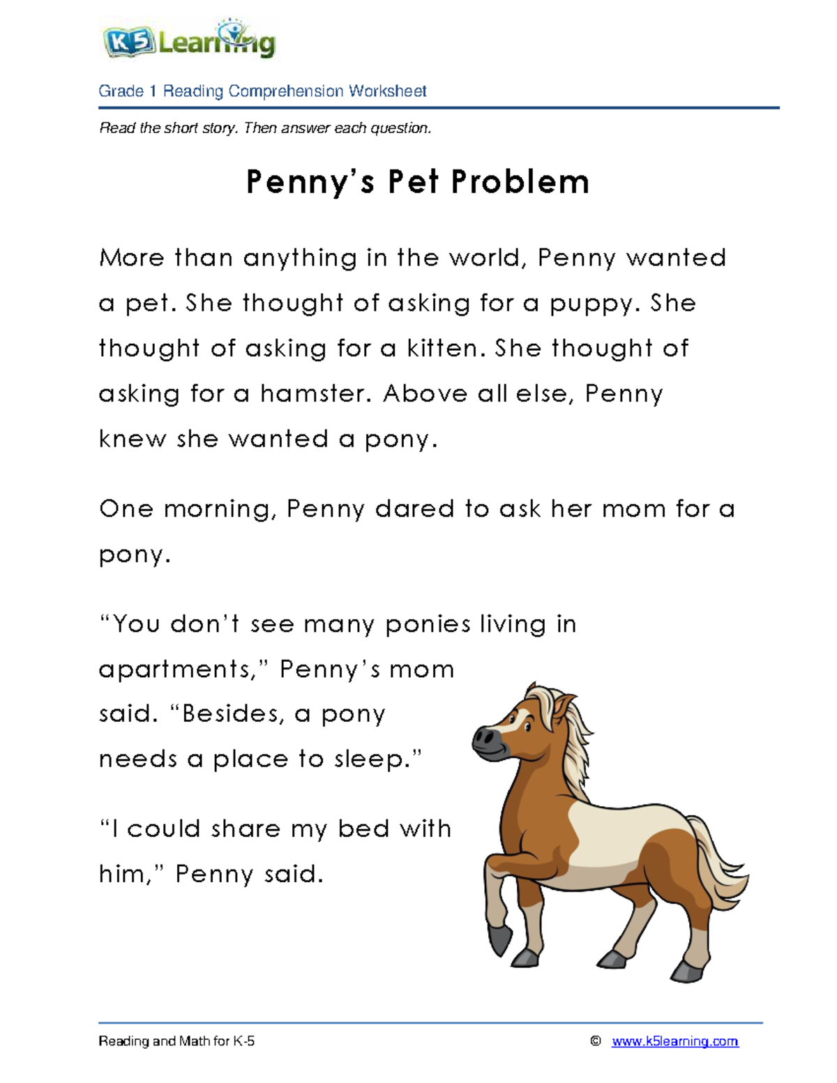 Grade 1 story pennys pet problem - Read the short story. Then answer ...