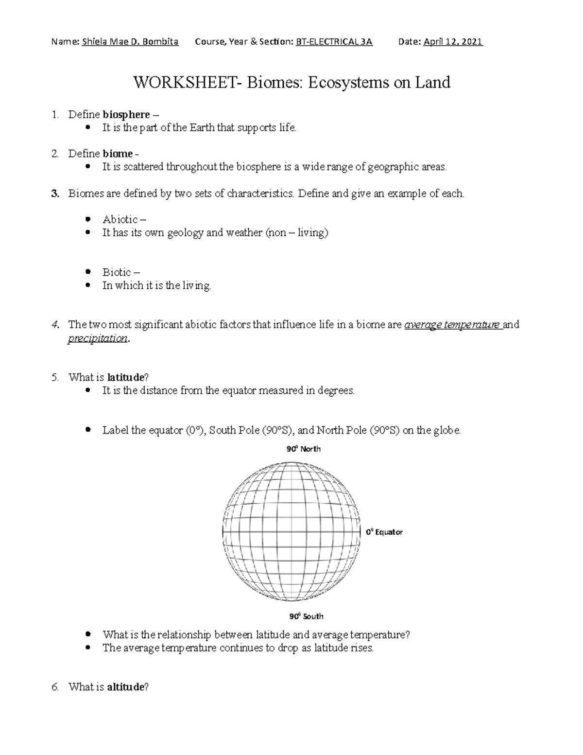 Worksheet- Ecosystems on Land - WORKSHEET- Biomes: Ecosystems on Land 1 ...