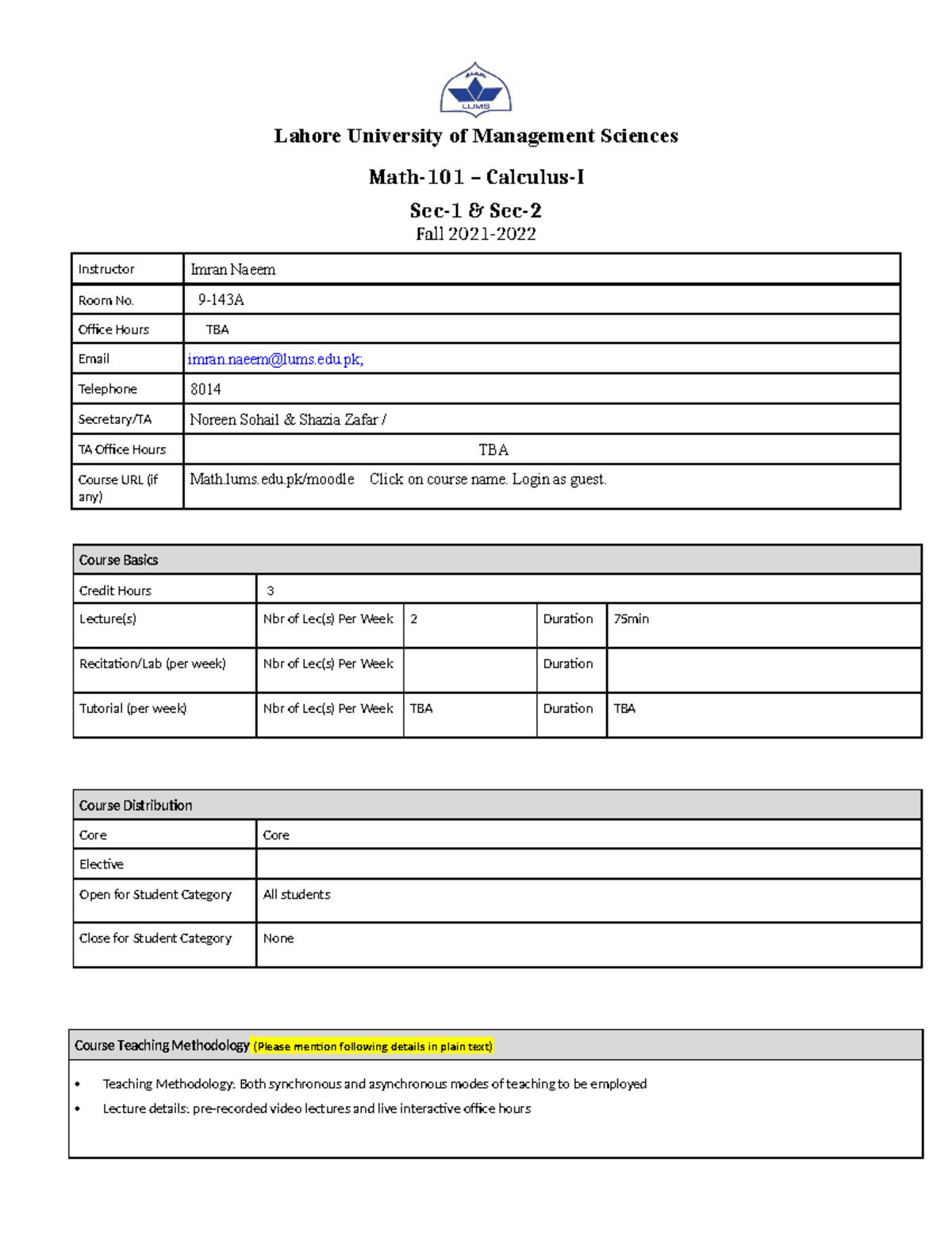 Course Outline, MATH 101-Calculus-I Sec 1-2 Fall2021 Imran Naeem - Math ...