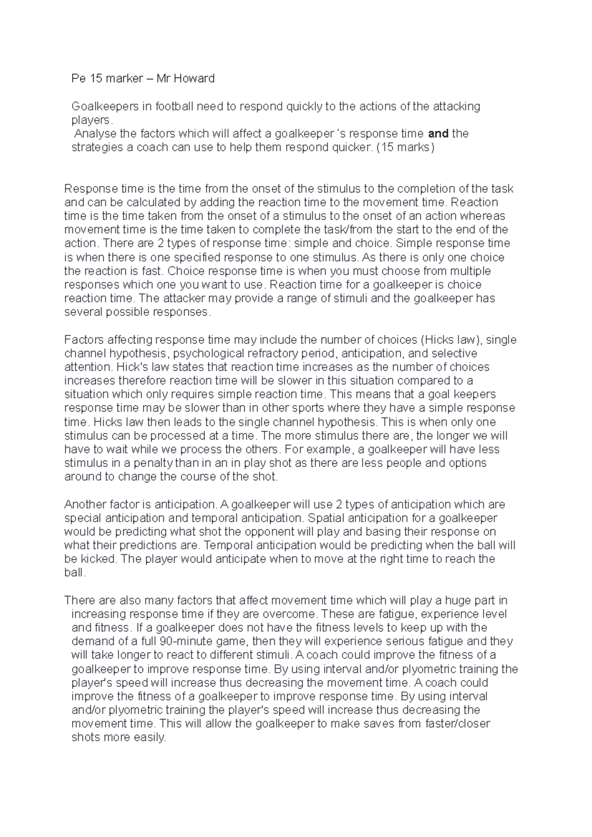 Pe 15 marker on response time - Pe 15 marker – Mr Howard Goalkeepers in ...