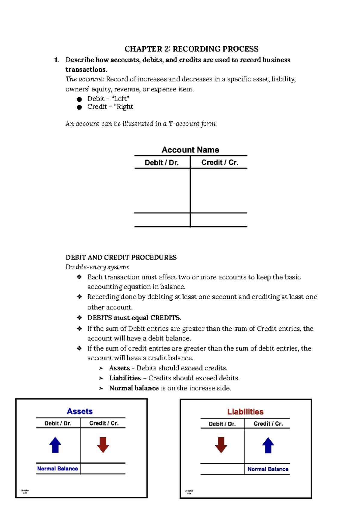 Chapter 2-Recording Process - CHAPTER 2: RECORDING PROCESS Describe how accounts, debits, and ...