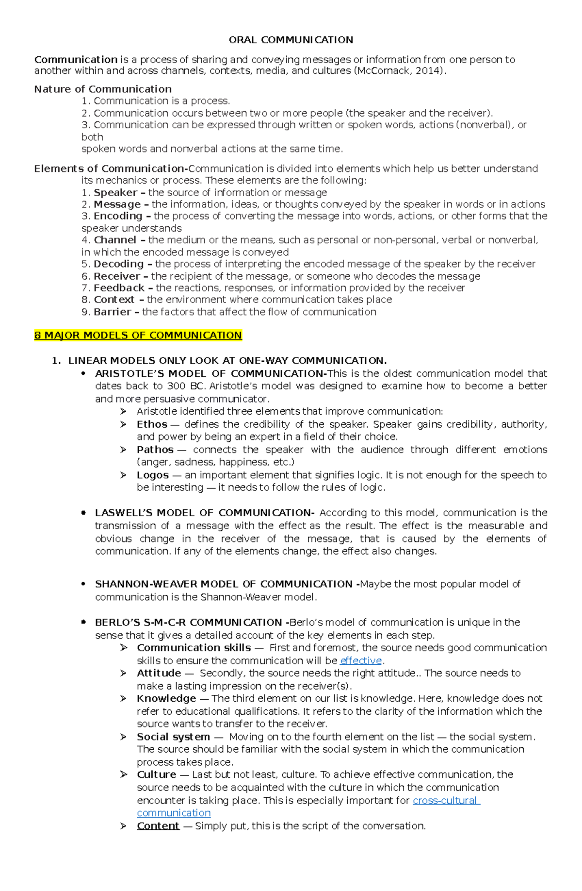 ORAL Communication 1-1 Reviwer - ORAL COMMUNICATION Communication is a ...
