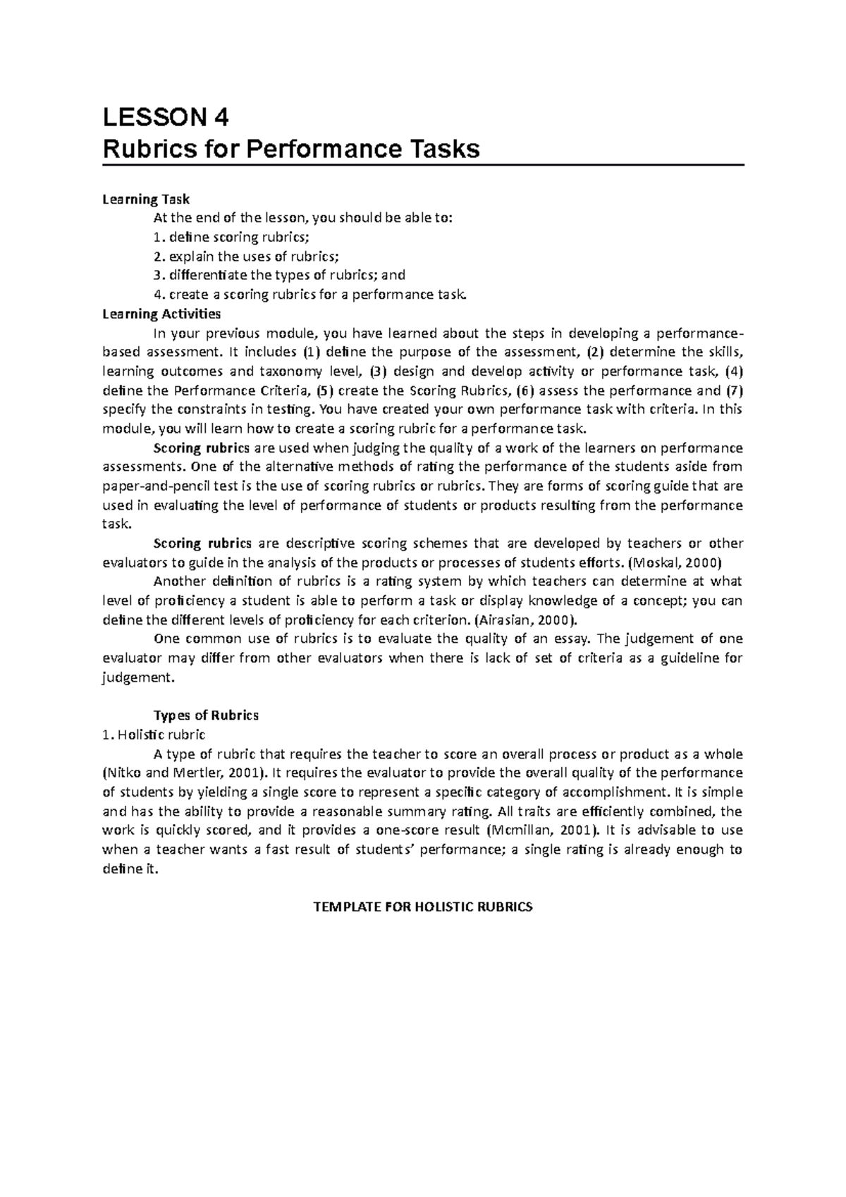Assessment 2 module 4 2022 - LESSON 4 Rubrics for Performance Tasks ...