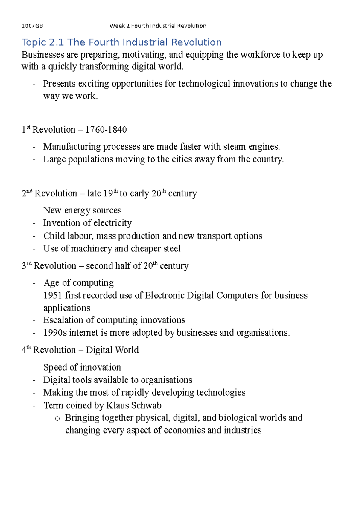 1007GBS - Week 2 - Fourth Industrial Revolution, Challenges of 4th IR ...