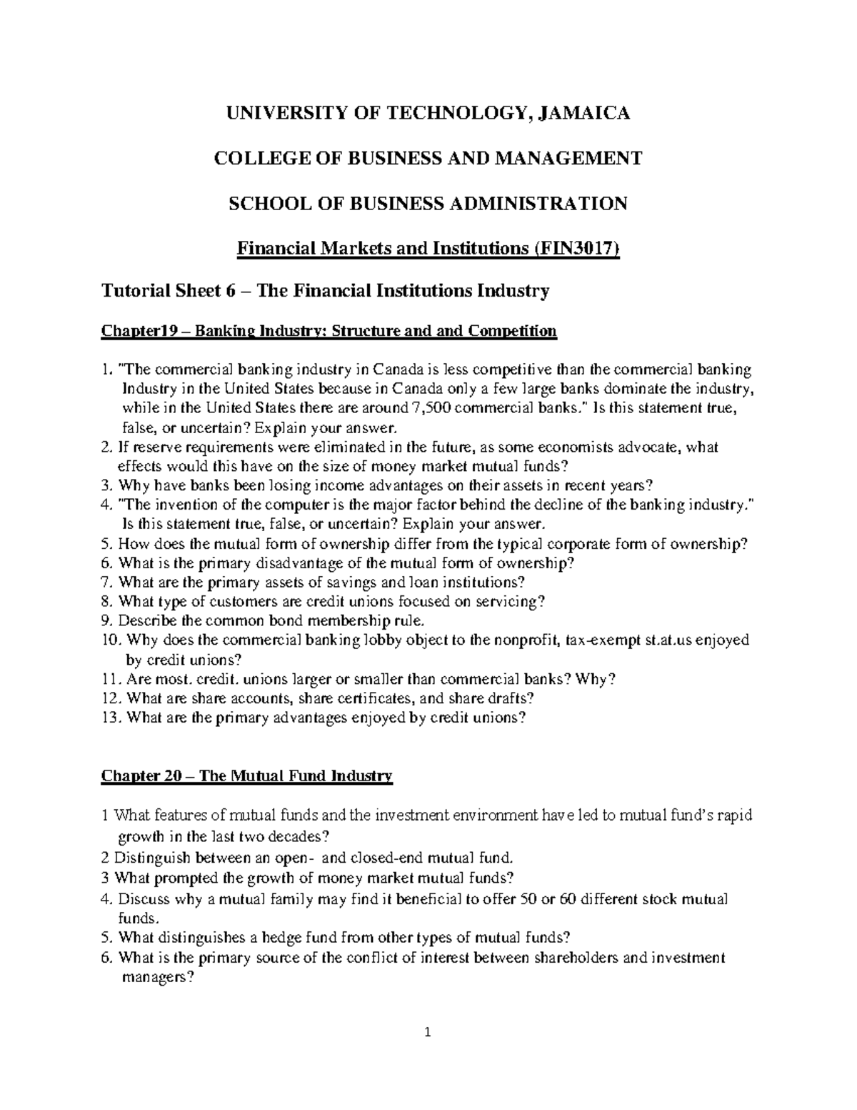 Tutorial Sheet 6-Chapters 19-21 - 1 UNIVERSITY OF TECHNOLOGY, JAMAICA ...