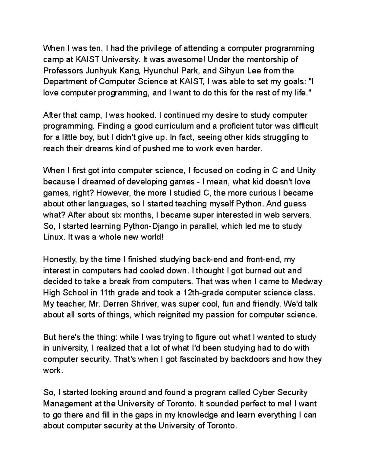 Personal Essay - When I was ten, I had the privilege of attending a ...