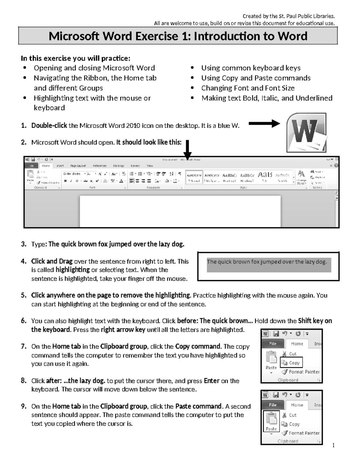 Word Exercise 1-Introduction - All are welcome to use, build on or revise this document for ...