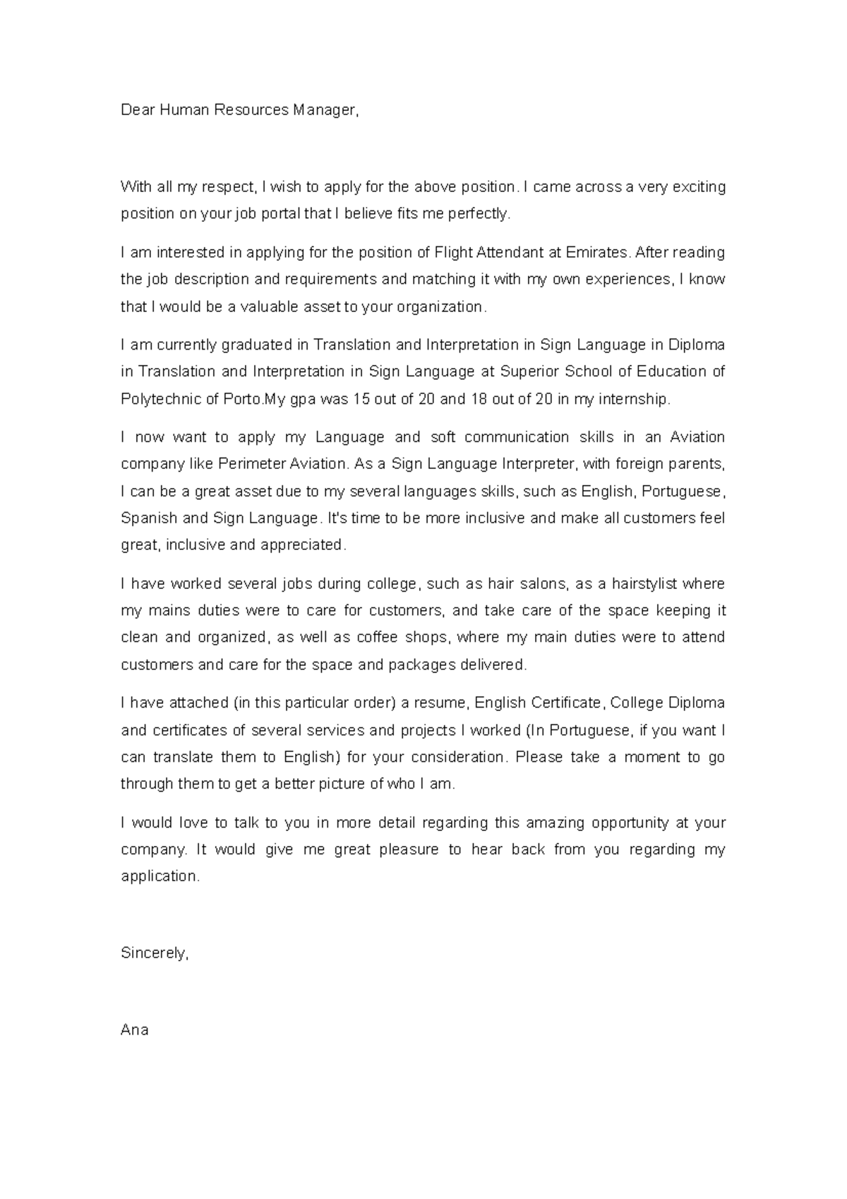 Cover Letter - Dear Human Resources Manager, With all my respect, I ...