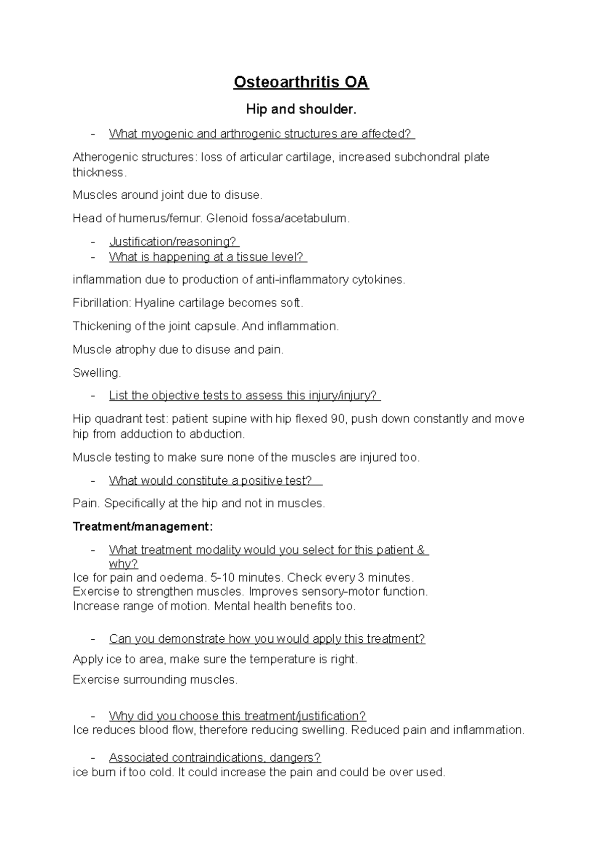 MSK Notes zak - Osteoarthritis OA Hip and shoulder. What myogenic and ...