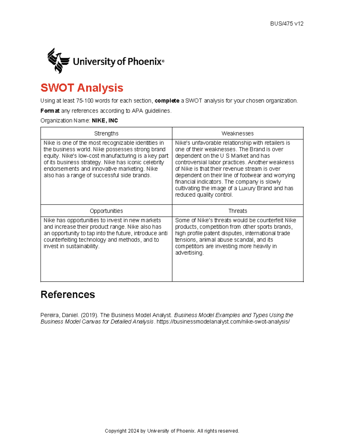 Bus475 v12 wk2 SWOT analysis template - BUS/475 v SWOT Analysis Using ...